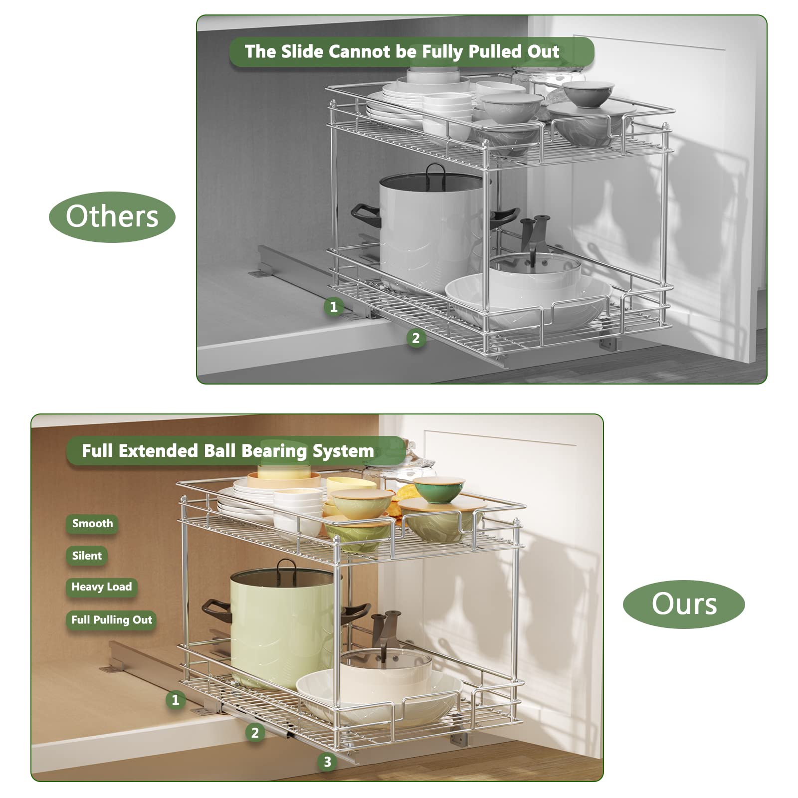 ROOMTEC Pull Out Cabinet Organizer 20" W x 21" D, Kitchen Cabinet Organizer and Storage 2-Tier Cabinet Pull Out Shelves Under Cabinet Storage for Kitchen Chrome