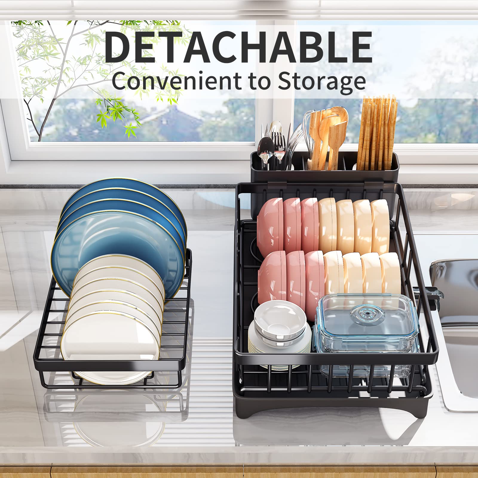 HERJOY Dish Drying Rack, Detachable 2 Tier Dish Rack and Drainboard Set, Large Capacity Dish Drainer Organizer Shelf with Utensil Holder, Cup Rack for Kitchen Counter, Black