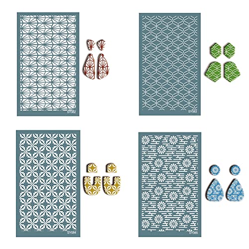Mersuii 4 Pcs Polymer Clay Silk Screen, Silk Screen Stencils for Polymer Clay, Reusable Silkscreen Print for Printing on Clay & Other Jewelry Clay Earrings Decoration