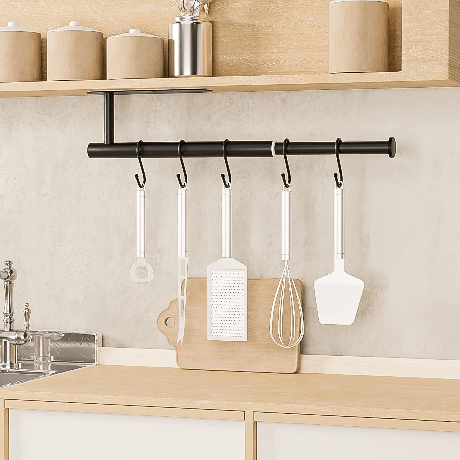 Youdian Adjustable Paper Towel Holder Under Cabinet-Adhesive Toilet Paper Holder Wall Mount,Extendable Towel Rack,Towel Bar for Bathroom,Under Counter Paper Towel Roll Holder for Kitchen with 5 Hooks