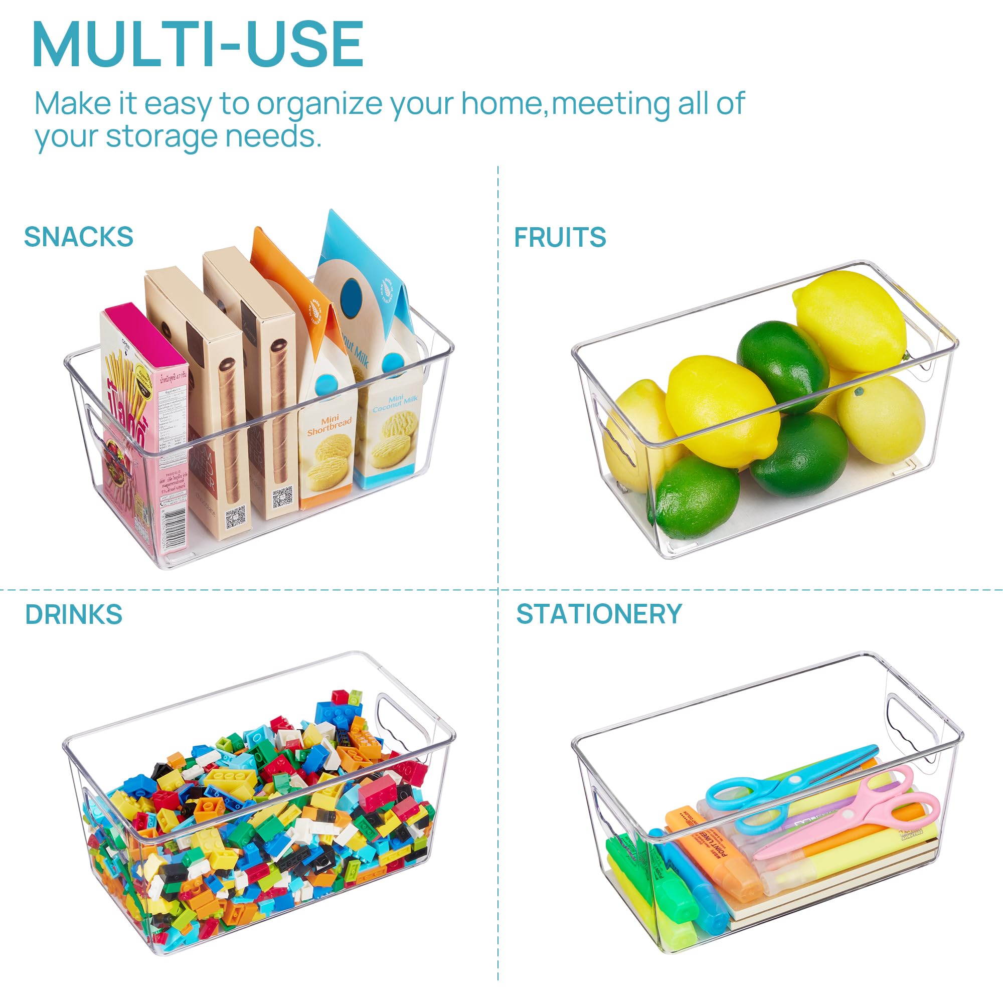 Vtopmart Clear Plastic Pantry Organizer Bins, 6 PCS Food Storage Bins with Handle for Refrigerator, Fridge, Cabinet, Kitchen, Countertops, Cupboard, Freezer Organization and Storage, BPA Free, Small