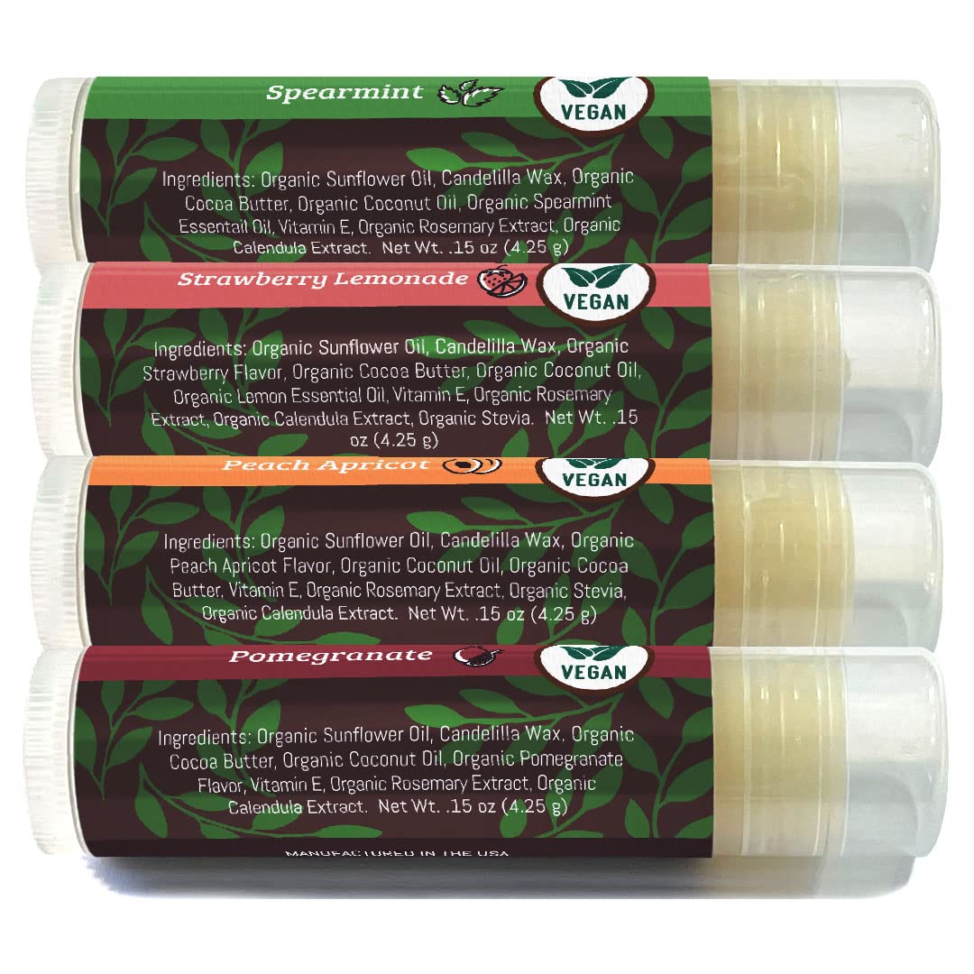 Earth's Daughter Vegan Lip Balm 4-pack, Beeswax Free Lip Balm, Natural, Organic Flavors - Assorted Flavors, Plant Based Vegan Chapstick, Moisturizer