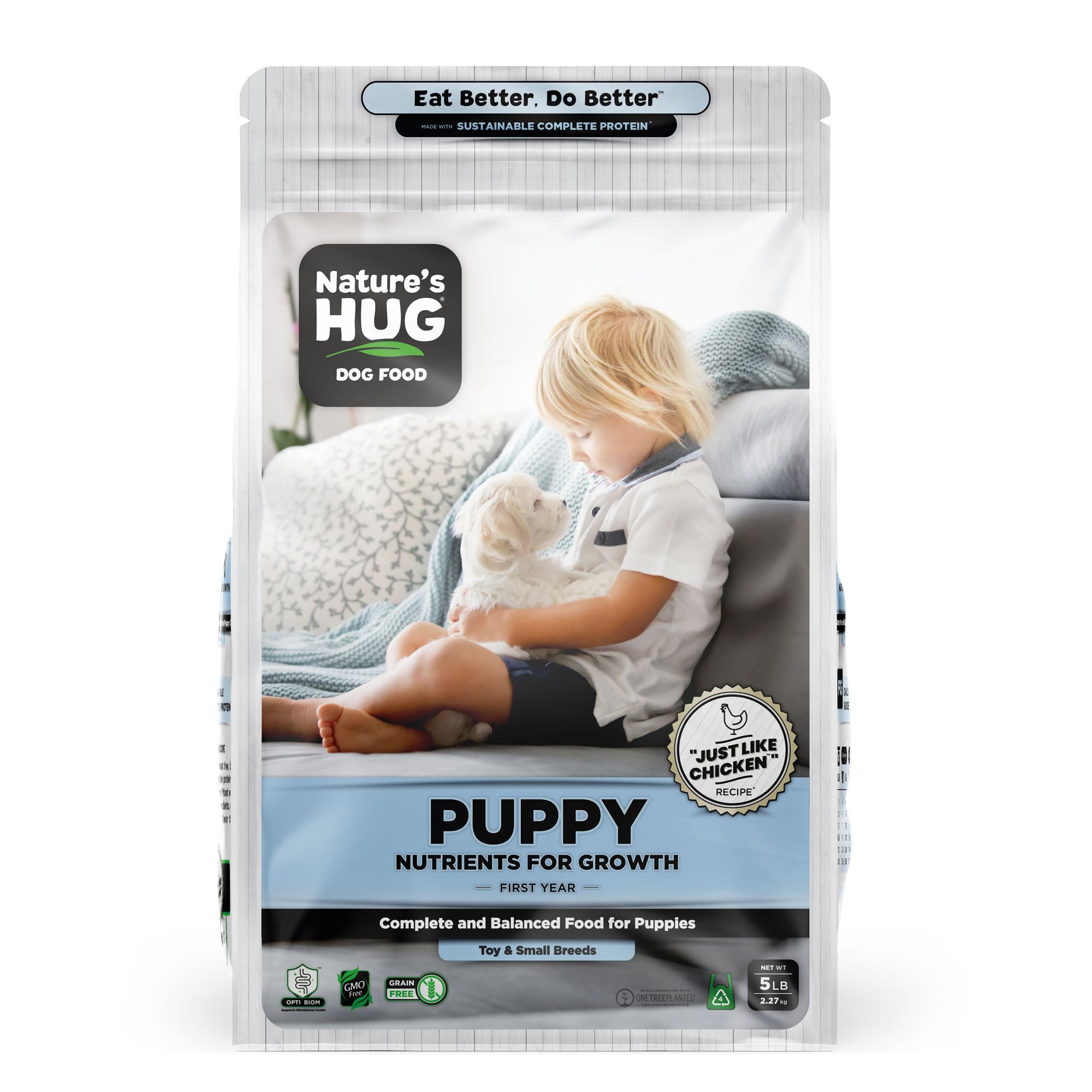 Nature's HUG Vegan Dry Dog Food for Puppies & Small Breeds, 5 lb. Bag, Chicken Flavor Plant-Based Protein Kibble, Grain-Free, Allergen-Free, Complete Protein & Balanced Nutrition