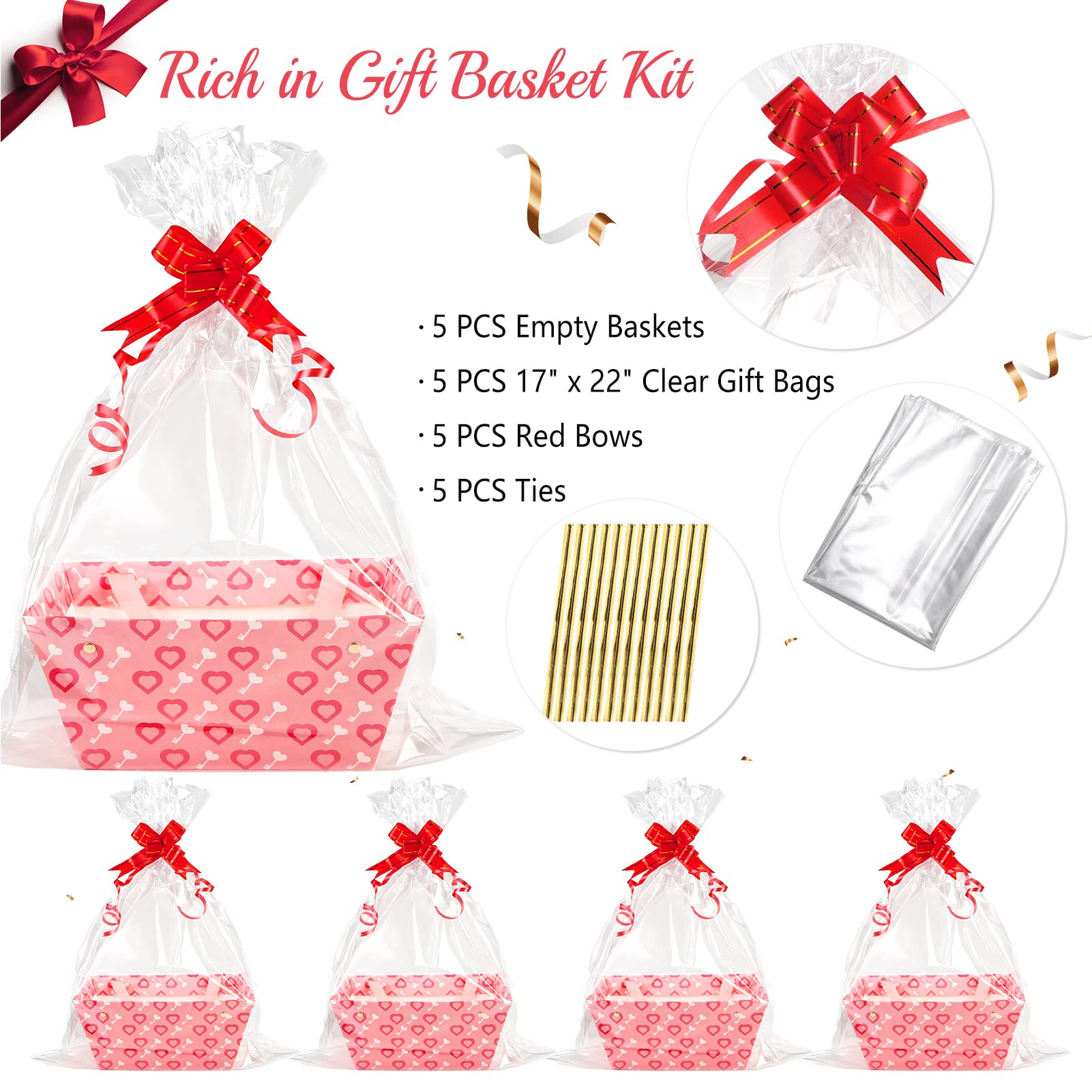 Aoibrloy 5 Pack Valentine's Day Basket For Gifts Empty, 9.8 x 6.5 Inch Pink Empty Gift Basket to Fill, Heart Patterns DIY Gift Basket Empty for Valentine's Day, Birthday, Wedding, Anniversary