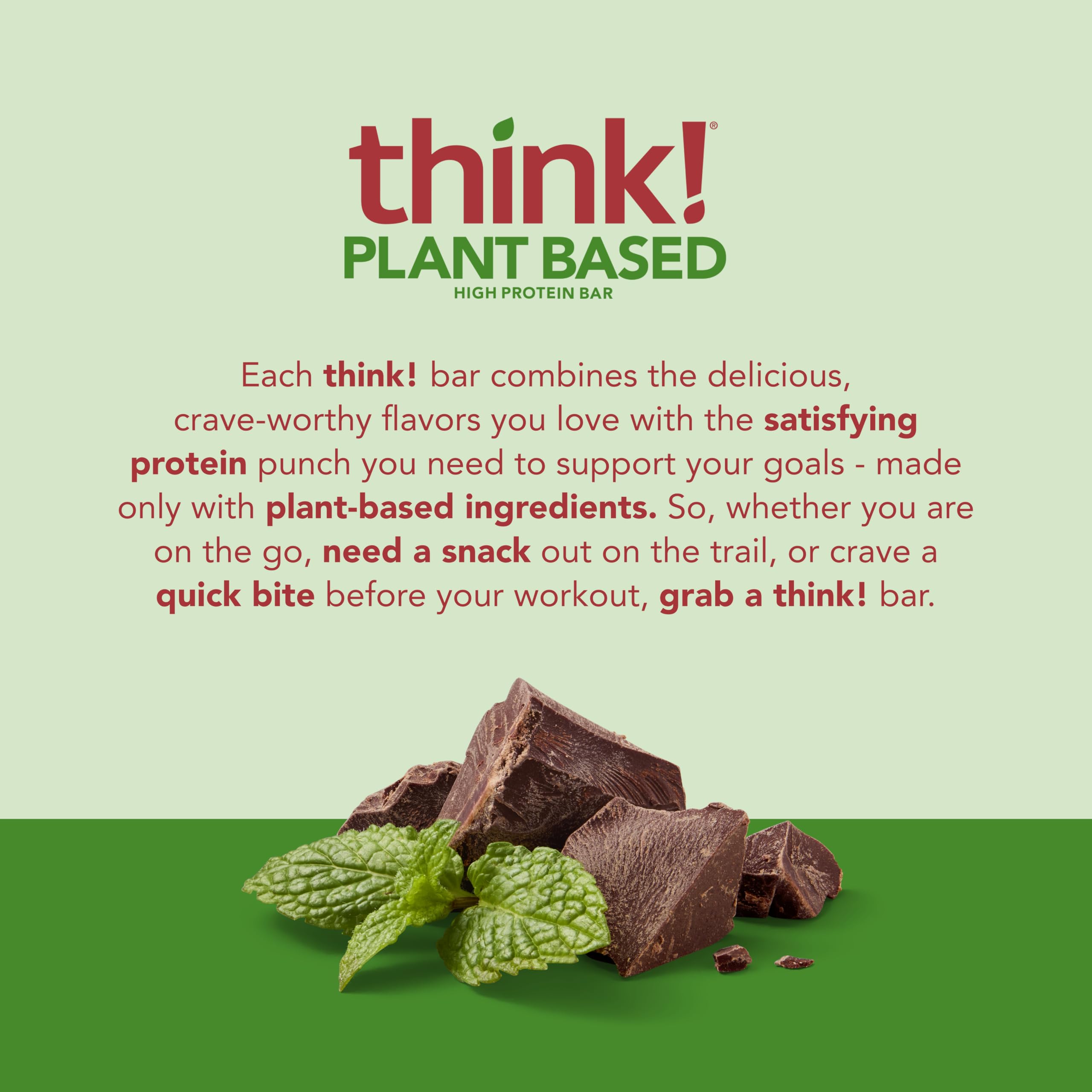 think! Vegan/Plant Based High Protein Bars - Chocolate Mint, 13g Protein, 5g Sugar, No Artificial Sweeteners, Non GMO Project Verified, 10 Count (Packaging May Vary)