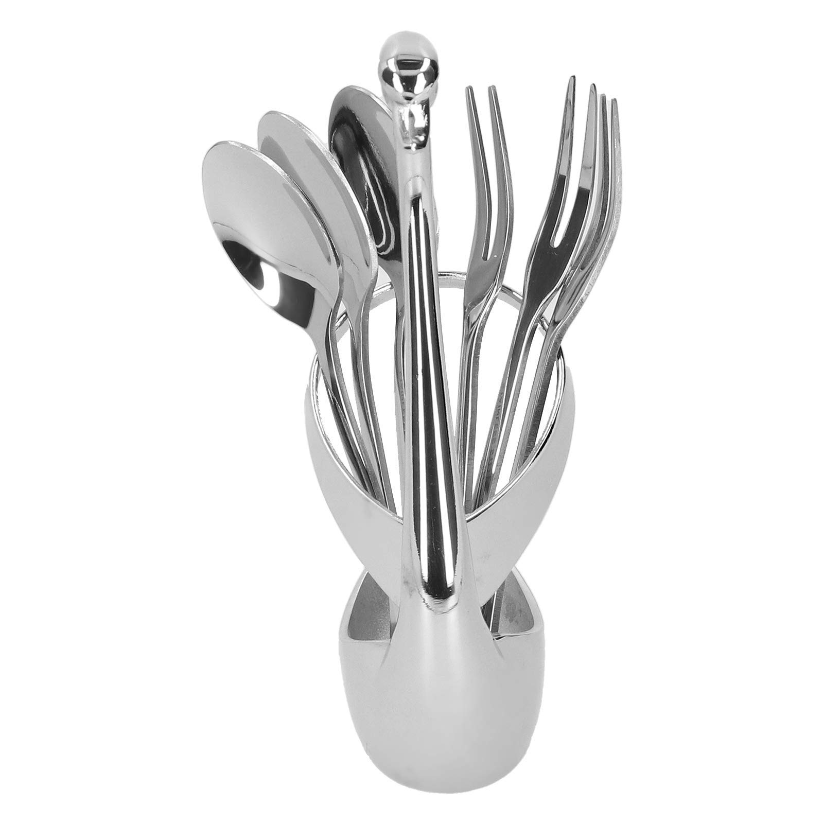 Stainless Steel Flatware Set Dessert Cutlery Set Includes Swan Tableware Storage Rack Base 3 Forks+3 Spoons Silver Flatware Set for Kitchen and Restaurant Silverware Modern Silver Holder
