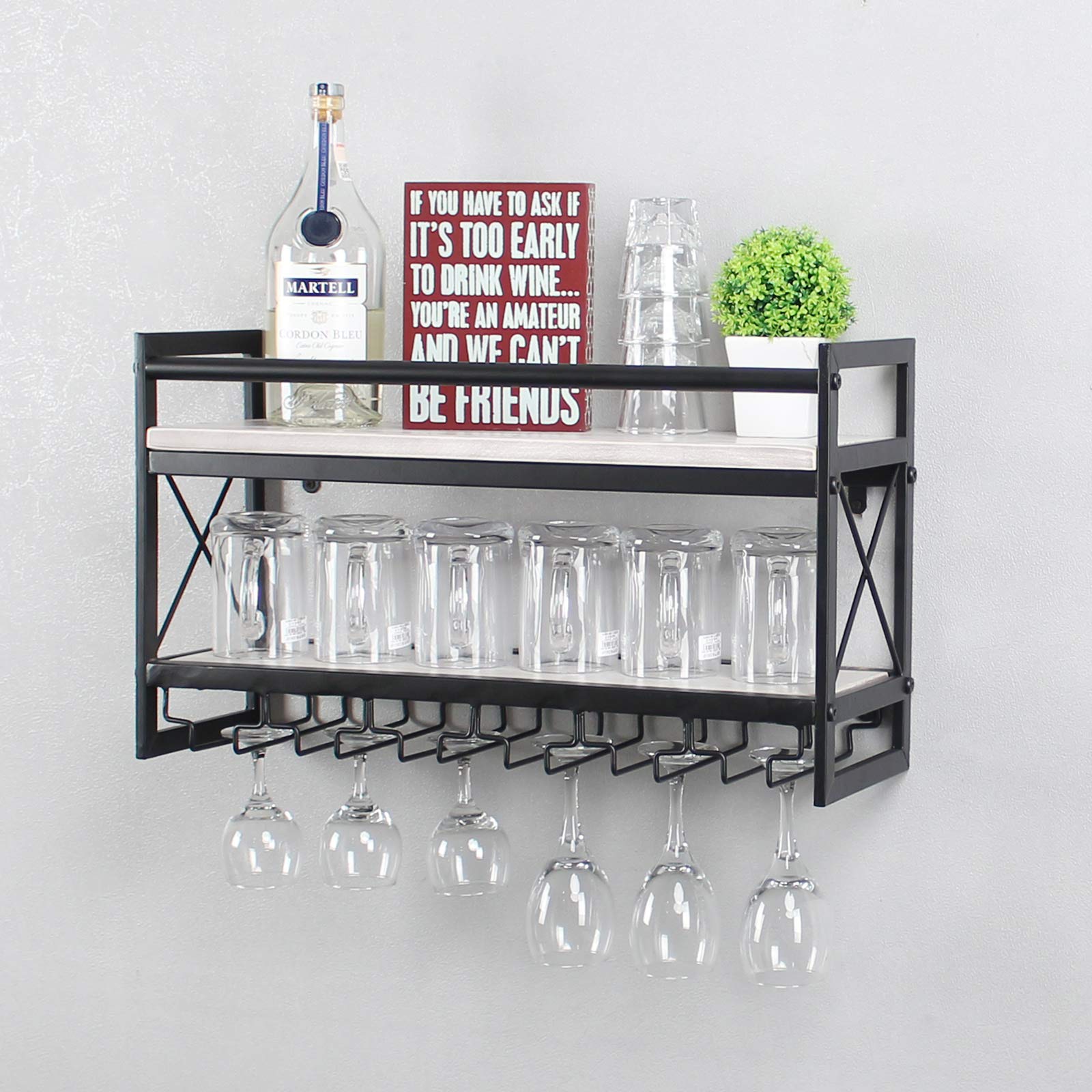 MBQQ Wine Rack Stemware Glass Rack,Industrial 2-Tier Wood Shelf,24in Wall Mounted Wine Racks with 6 Glass Holder for Wine Glasses,Mugs,Home Decor,Black