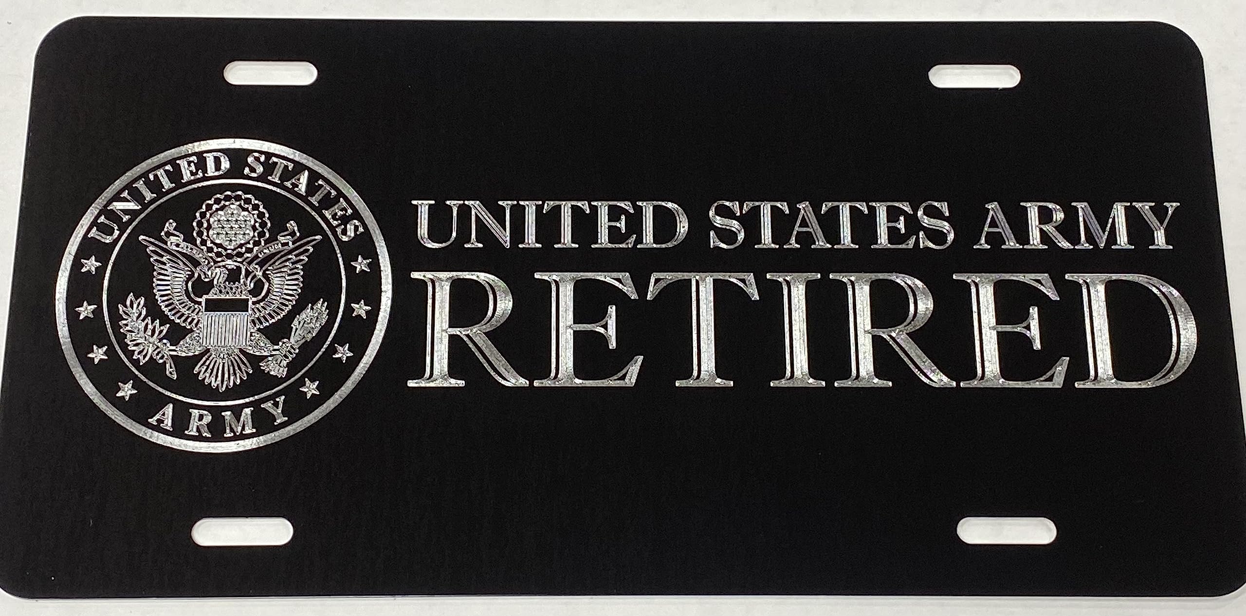 Engraved US Army Retired Car Tag Silver Diamond Etched on Black Aluminum Vanity Front License Plate Gift