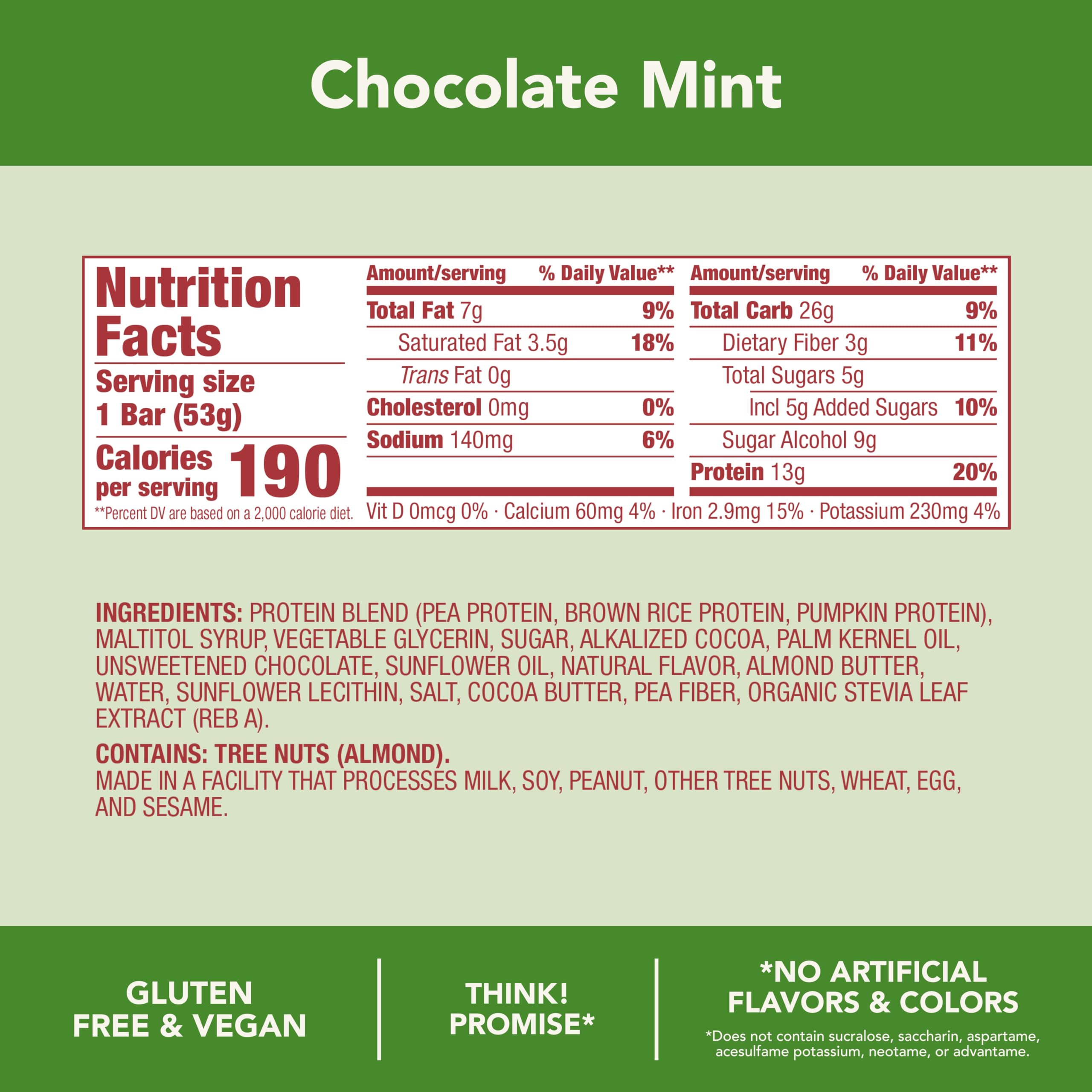 think! Vegan/Plant Based High Protein Bars - Chocolate Mint, 13g Protein, 5g Sugar, No Artificial Sweeteners, Non GMO Project Verified, 10 Count (Packaging May Vary)