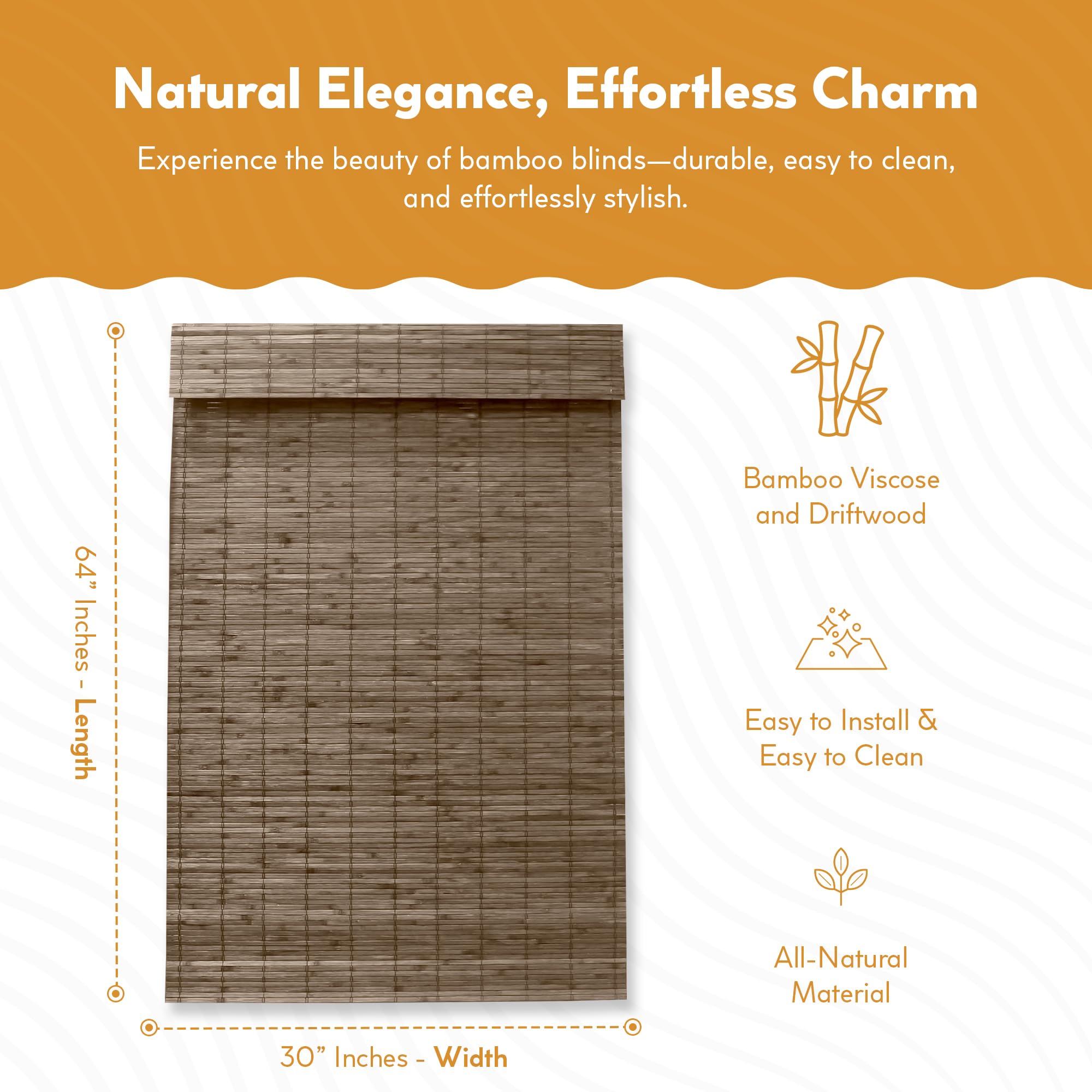 Radiance Cordless Bamboo Roman Shades for Windows - Flatstick Bamboo Blinds for Semi-Private Light Control - Easy to Lift & Fold Up Window Shades - Driftwood - 30 in. W X 64 in. L- (2216606E)