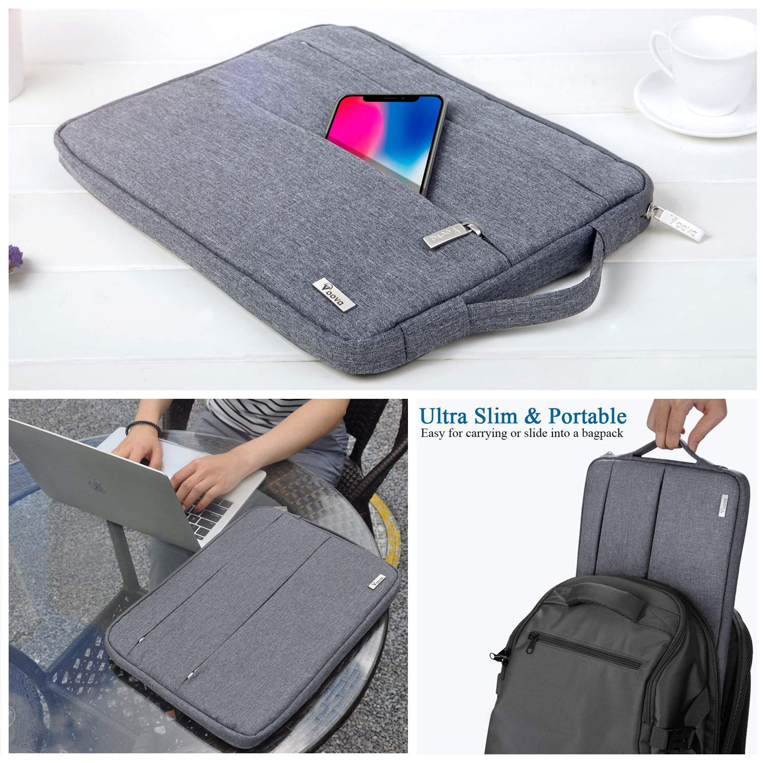 V Voova Laptop Sleeve Carrying Case 15.6 16 Inch, Slim Computer Cover Bag Compatible with MacBook Pro 15/16, Dell xps 15, 15-16 Inch HP Dell Asus Acer Laptop, Grey
