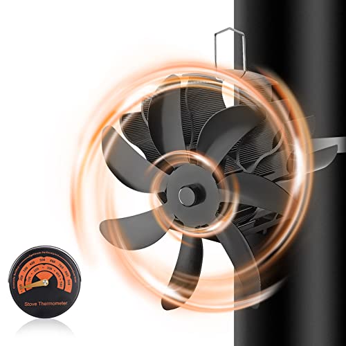 LAMA Heat Powered Wood Stove Fan, Upgrade 7 Blades Flue Pipe Hanging Fireplace Fan, Heat Activated Fan, Log Burner Fan with Stove Thermometer for Wood Burning Stove/Gas/Pellet/Log, Black