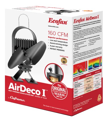 Ecofan® AirDeco I, Superior Performance Stove Fan, Heat Powered, Contemporary Style. Low Start Temperature, 160CFM Black Blade, Mid-Sized