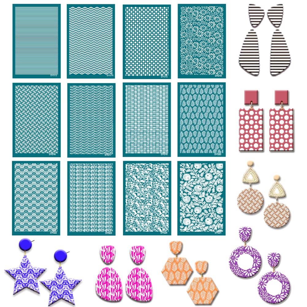 Silk Screen Stencils for Polymer Clay, Reusable Silk Screen Stencils for Printing on Jewelry Clay Earrings Decoration, Geometric Patterns Polymer Clay Silk Screen Stencils for Cup Plate DIY Decor
