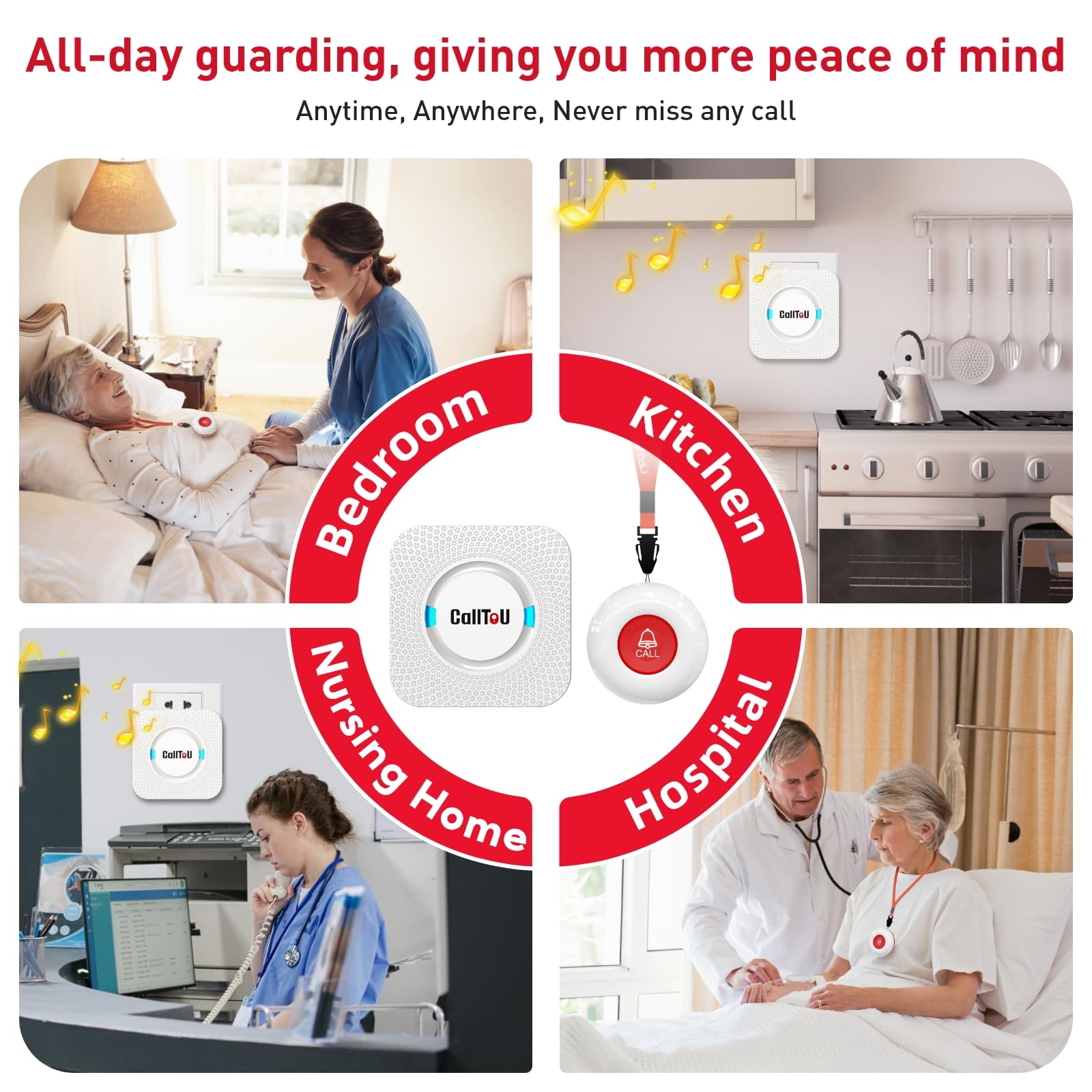 CallToU Wireless Caregiver Pager Smart Call System 2 SOS Call Buttons/Transmitters 2 Receivers Nurse Calling Alert Patient Help System for Home/Personal Attention Pager 500+Feet Plugin Receiver