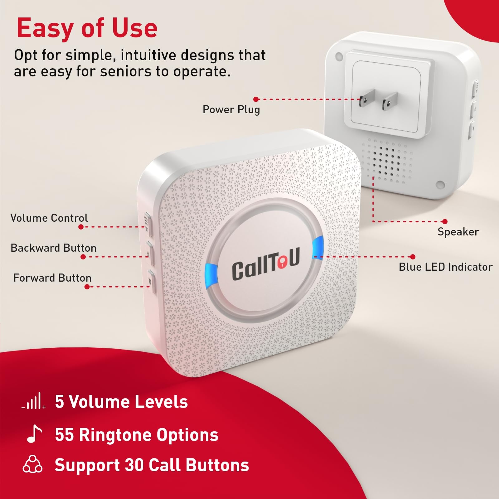 CallToU Wireless Caregiver Pager Smart Call System 2 SOS Call Buttons/Transmitters 2 Receivers Nurse Calling Alert Patient Help System for Home/Personal Attention Pager 500+Feet Plugin Receiver