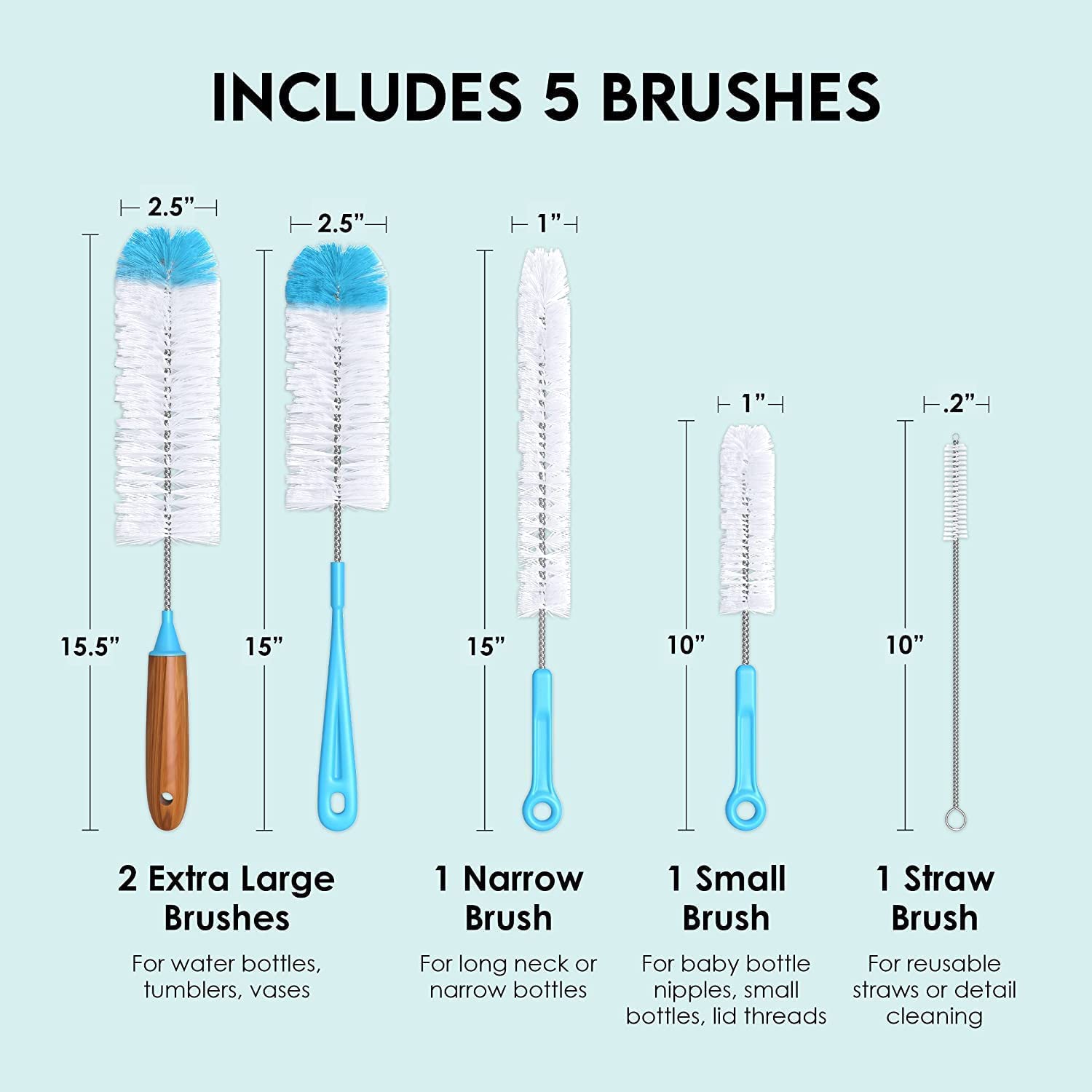 Turbo Microfiber Bottle Brush Cleaner Pack - Set of 5 Long, Cleaning Brushes for Baby Bottles, Water Bottles, Straws, Tumblers, Wine Decanters and Flask - Kitchen Supplies