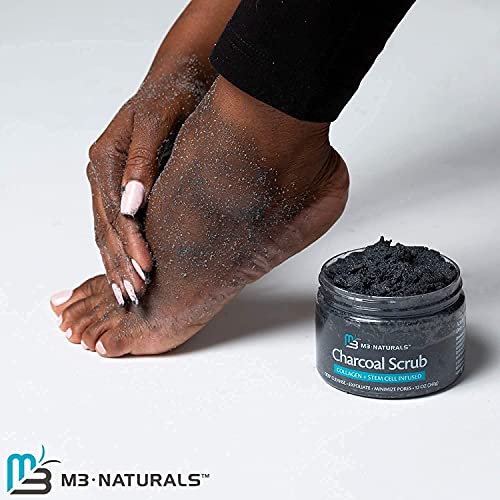Charcoal Exfoliating Body Scrub Polish with Collagen & Stem Cell Gentle Body Exfoliator Face Scrub Bump Eraser Booty Scrub Best Shower Scrub Skin Exfoliant Moisturize Skin Exfoliate Absorbs Nutrients by M3 Naturals