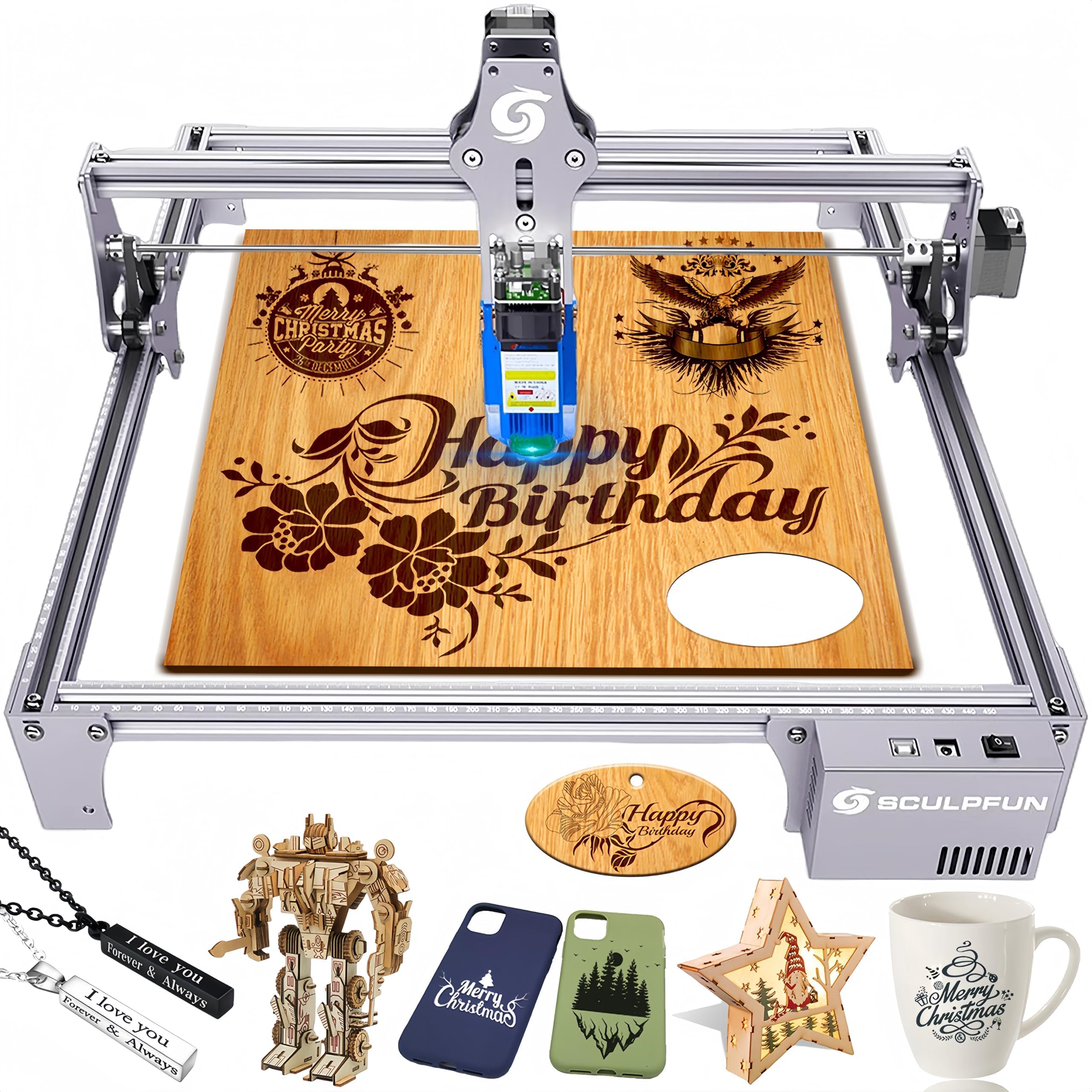 SCULPFUN S6 Pro Laser Engraver, 60W Laser Engraving Machine for Wood and Metal, Acrylic, 5.5W Output Power DIY Laser Cutter, Logo and Pattern Laser Marking Machine, Gifts for Him (S6 Pro Engraver)