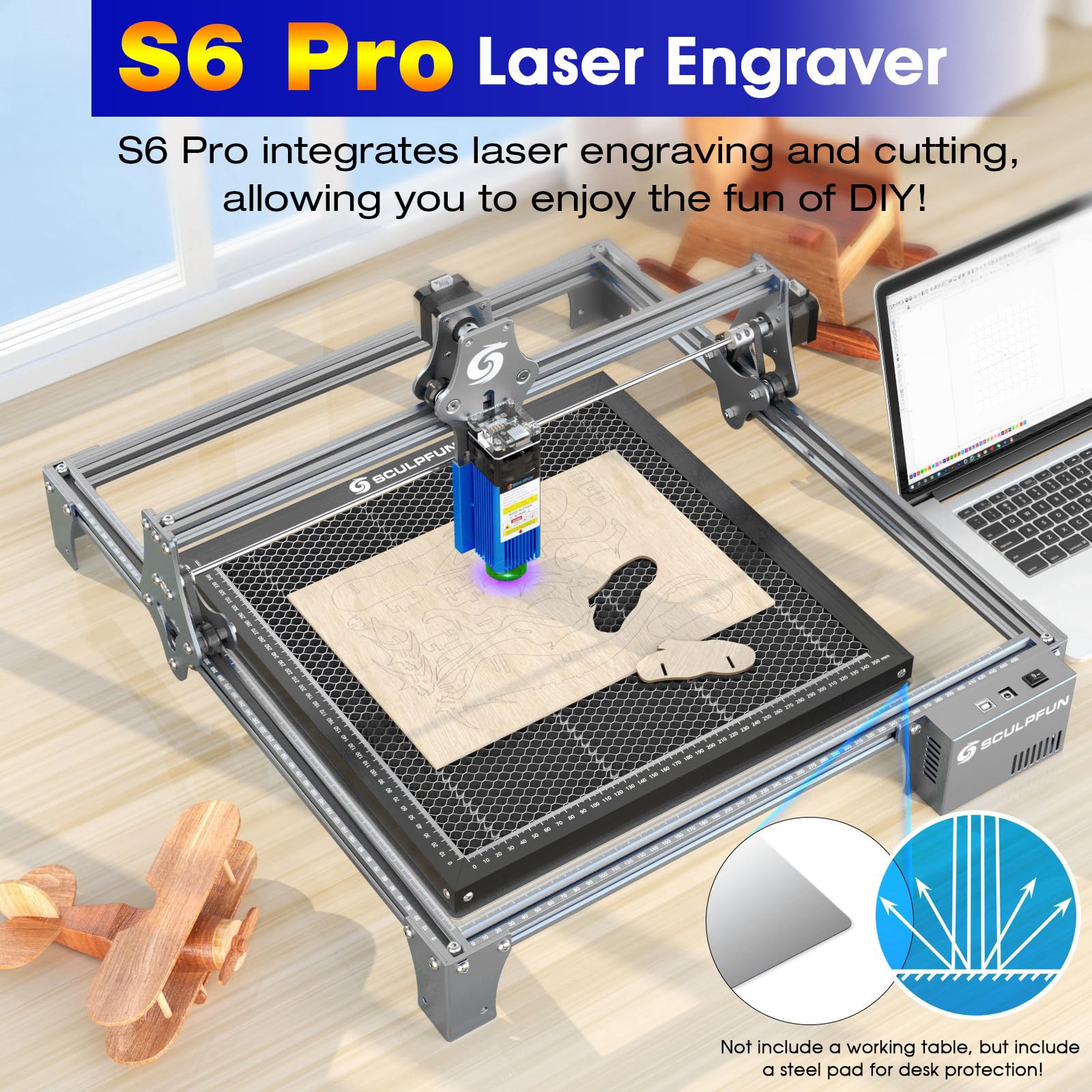 SCULPFUN S6 Pro Laser Engraver, 60W Laser Engraving Machine for Wood and Metal, Acrylic, 5.5W Output Power DIY Laser Cutter, Logo and Pattern Laser Marking Machine, Gifts for Him (S6 Pro Engraver)