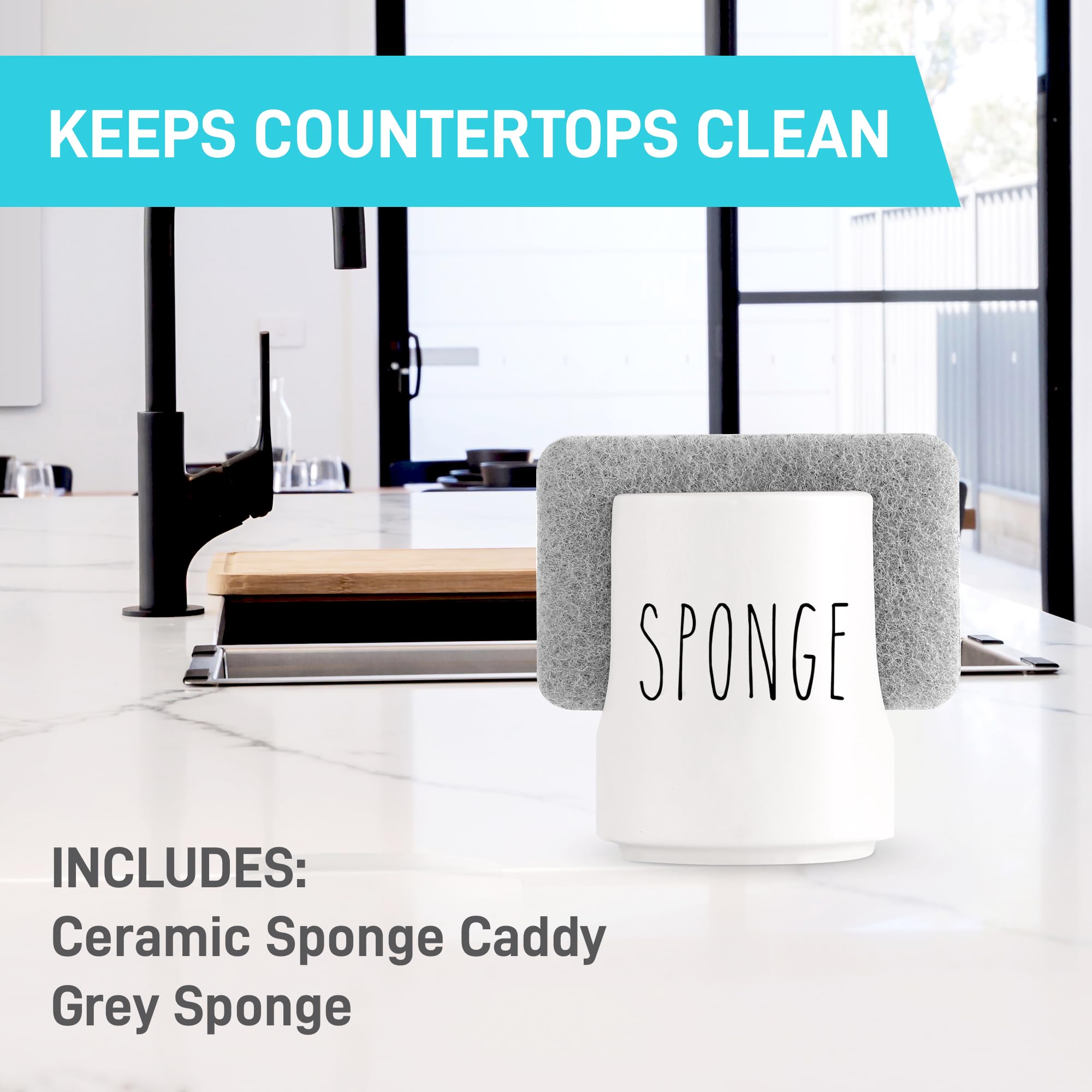 Sponge Holder - Dish Sponge Holder for Kitchen Sink with Sponge - Ceramic Kitchen Sponge Holder for Sink - Porcelain Kitchen Sink Sponge Caddy - Farmhouse Kitchen Sink Organizer for Sink Accessories