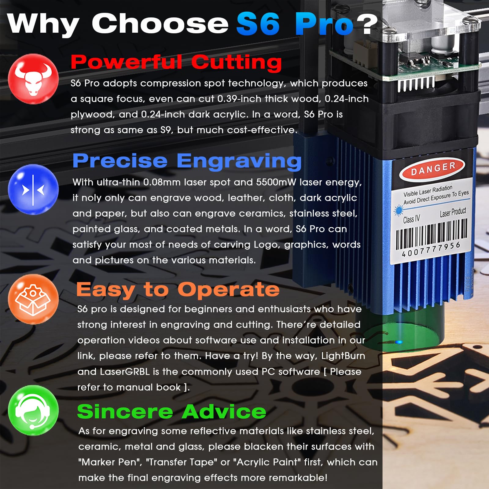 SCULPFUN S6 Pro Laser Engraver, 60W Laser Engraving Machine for Wood and Metal, Acrylic, 5.5W Output Power DIY Laser Cutter, Logo and Pattern Laser Marking Machine, Gifts for Him (S6 Pro Engraver)