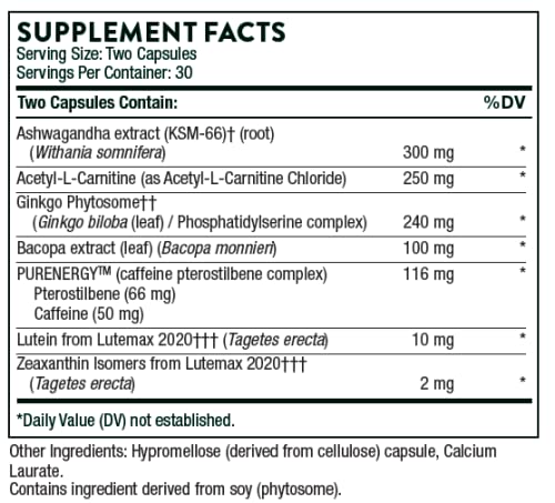 Thorne Memoractiv - Nootropic Brain Supplement for Focus, Creativity, and Concentration - Ashwagandha, Ginkgo, Lutemax, Bacopa, Pterostilbene - Gluten-Free, Dairy-Free - 60 Capsules - 30 Servings