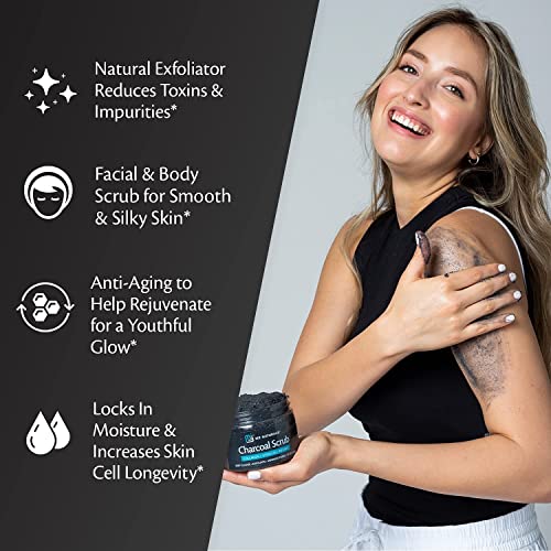 Charcoal Exfoliating Body Scrub Polish with Collagen & Stem Cell Gentle Body Exfoliator Face Scrub Bump Eraser Booty Scrub Best Shower Scrub Skin Exfoliant Moisturize Skin Exfoliate Absorbs Nutrients by M3 Naturals