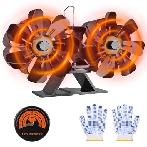 zenicham Wood Stove Fan Heat Powered Dual Motors,14 Blades Stove Fans,Fireplace Fan Magnetic Thermometer Gloves,Heat Fans for Wood Burning Stove/Gas/Pellet/Log,Non Electric