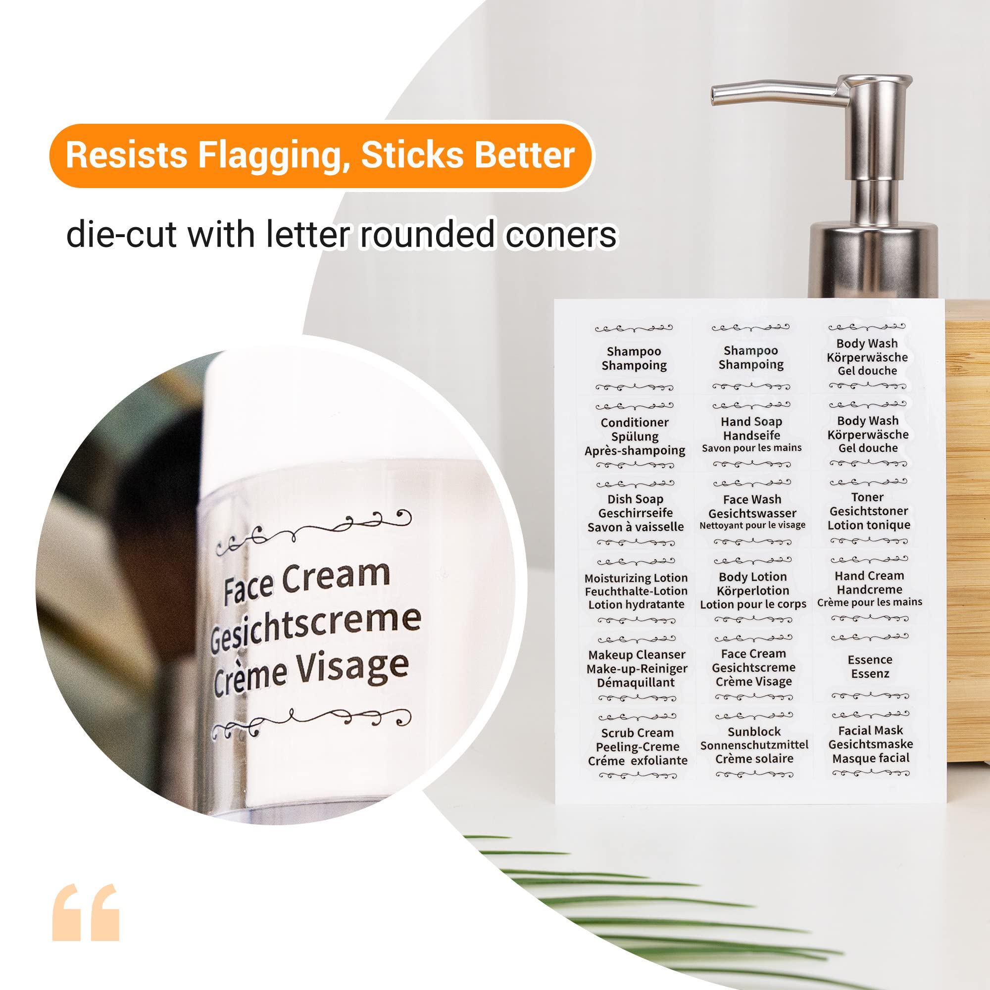 108 PCS Bathroom Labels Clear Preprinted Waterproof Travel Bottles Label Stickers for Organization and Storage Bathroom Dispenser Jars Bins Plastic Travel Bottles Containers
