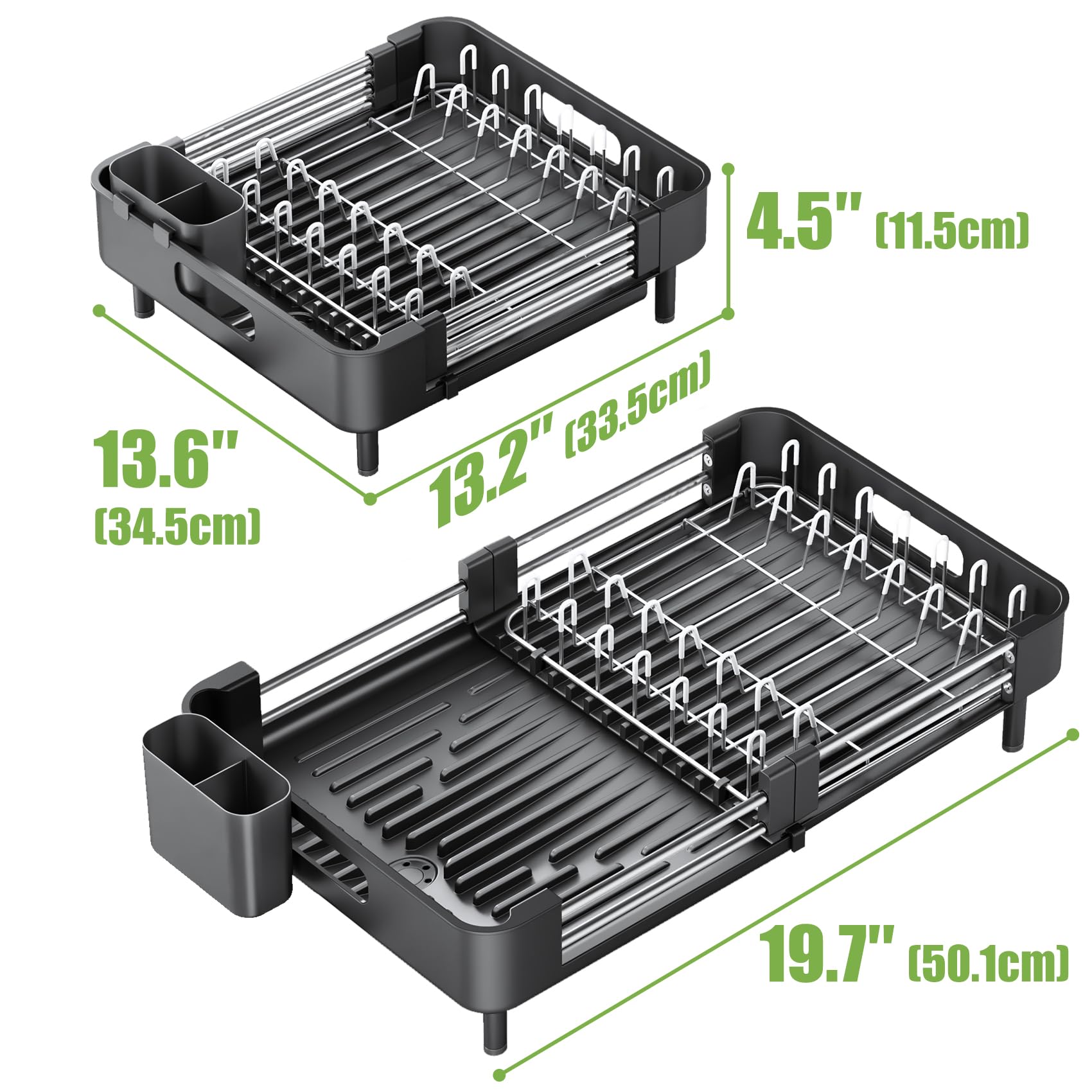 Dish Drying Rack, Kitchen Counter Dish Drainers Rack, Auto-Drain Expandable(13.2"-19.7") Stainless Steel Large Strainers Over Sink Drying Rack Drainboard with Utensil Holder Caddy Organizer, Grey