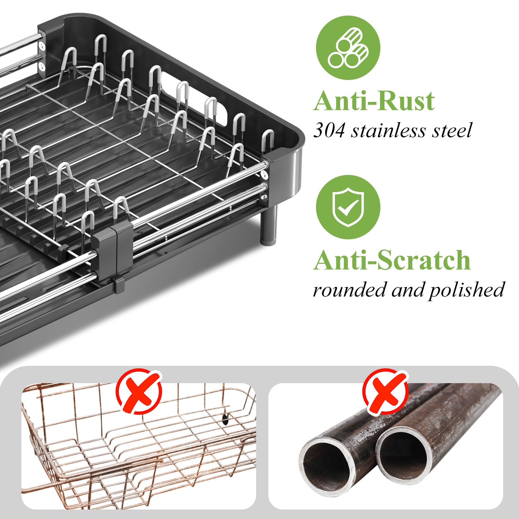 Dish Drying Rack, Kitchen Counter Dish Drainers Rack, Auto-Drain Expandable(13.2"-19.7") Stainless Steel Large Strainers Over Sink Drying Rack Drainboard with Utensil Holder Caddy Organizer, Grey