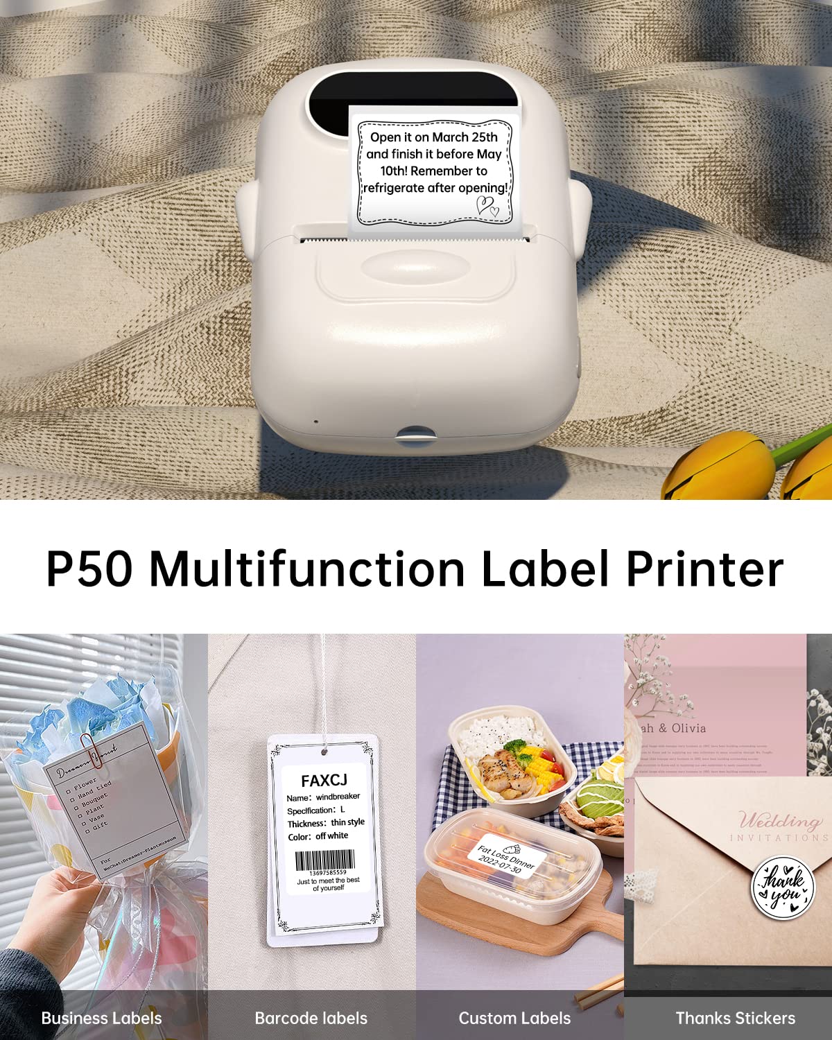 Label Maker Machine with Tape P50 - 2 Inch Portable Barcode Label Printer, Bluetooth Label Stickers Machine for Clothing, Jewelry, Retail, Address, Barcode, QR Code, Home, Office