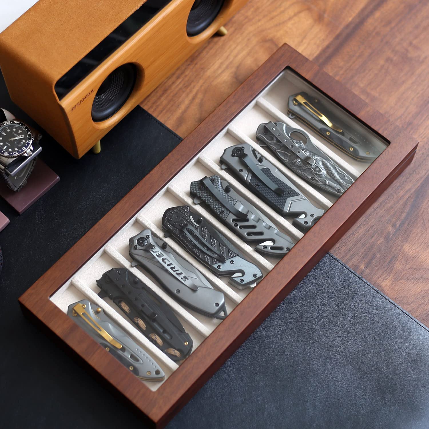 Besforu Knife Display Case Organizer storage 8 pocket knives, Folding Knife Holder with Real Glass Window Top, Pocket knife collection box for men gift (Walnut Veneer 8 slot)