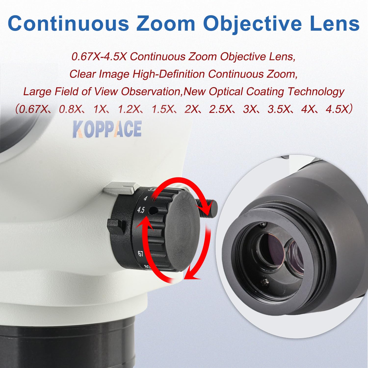 KOPPACE 6.7X-45X Trinocular Stereo Microscope Dual Arm Bracket Magnification Locking Function.