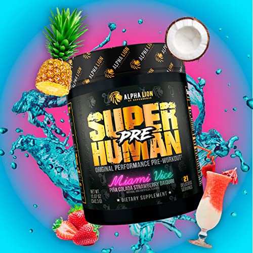 ALPHA LION Superhuman Pre Workout Powder, Beta Alanine, L-Taurine & Tri-Source Caffeine for Sustained Energy & Focus, Nitric Oxide & Citrulline for Pump (21 Servings, Miami Vice)