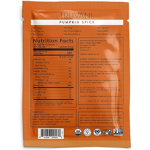 Truvani Vegan Pea Protein Powder | Pumpkin Spice | 20g Organic Plant Based Protein | 1 Serving | Keto | Gluten & Dairy Free | Low Carb | No Added Sugar