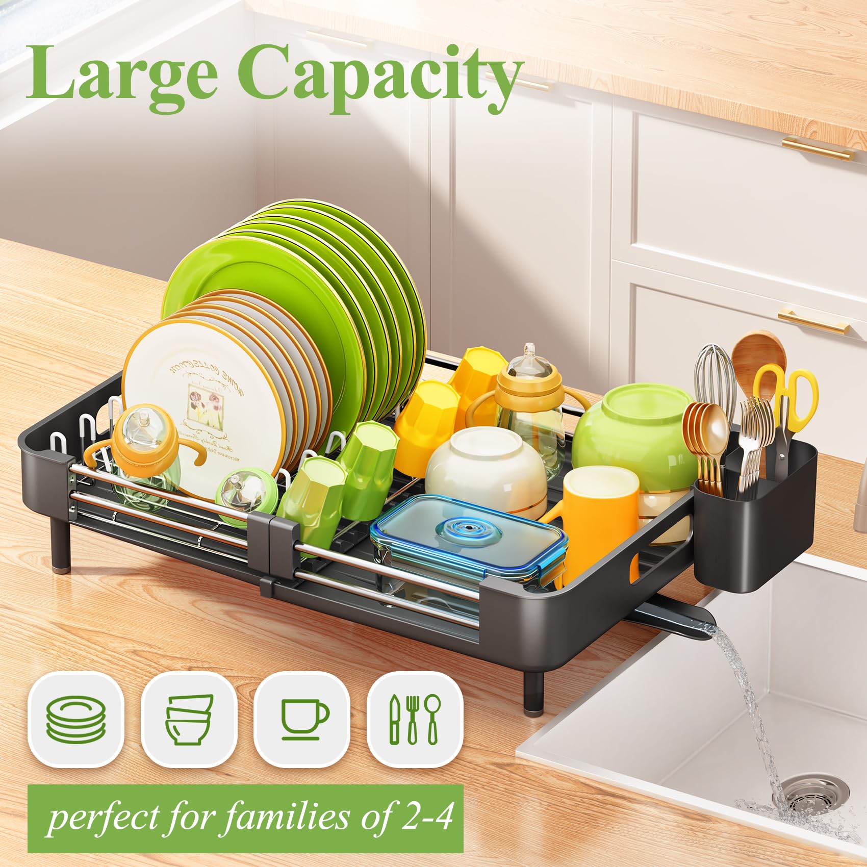 Dish Drying Rack, Kitchen Counter Dish Drainers Rack, Auto-Drain Expandable(13.2"-19.7") Stainless Steel Large Strainers Over Sink Drying Rack Drainboard with Utensil Holder Caddy Organizer, Grey