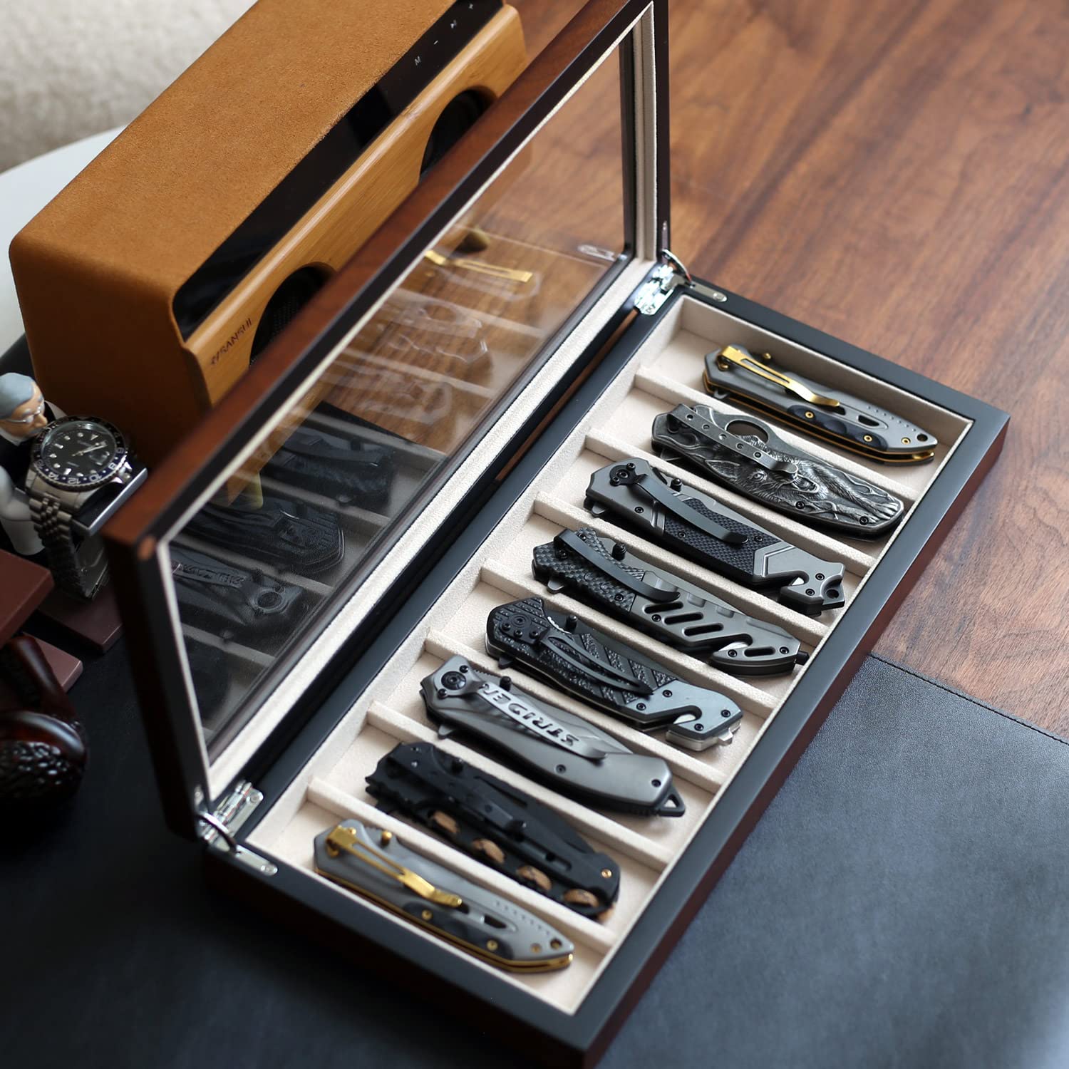 Besforu Knife Display Case Organizer storage 8 pocket knives, Folding Knife Holder with Real Glass Window Top, Pocket knife collection box for men gift (Walnut Veneer 8 slot)