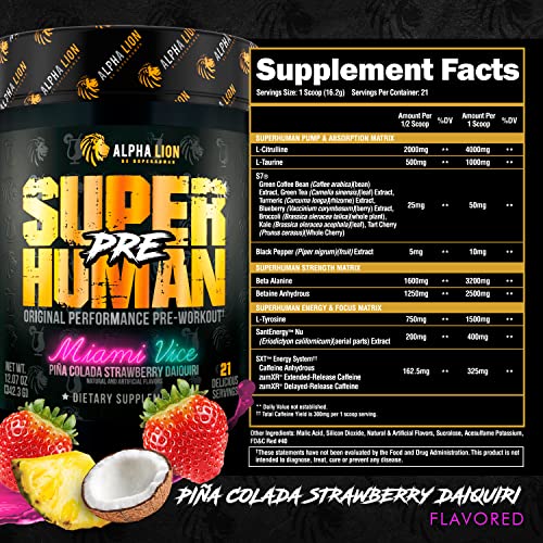 ALPHA LION Superhuman Pre Workout Powder, Beta Alanine, L-Taurine & Tri-Source Caffeine for Sustained Energy & Focus, Nitric Oxide & Citrulline for Pump (21 Servings, Miami Vice)