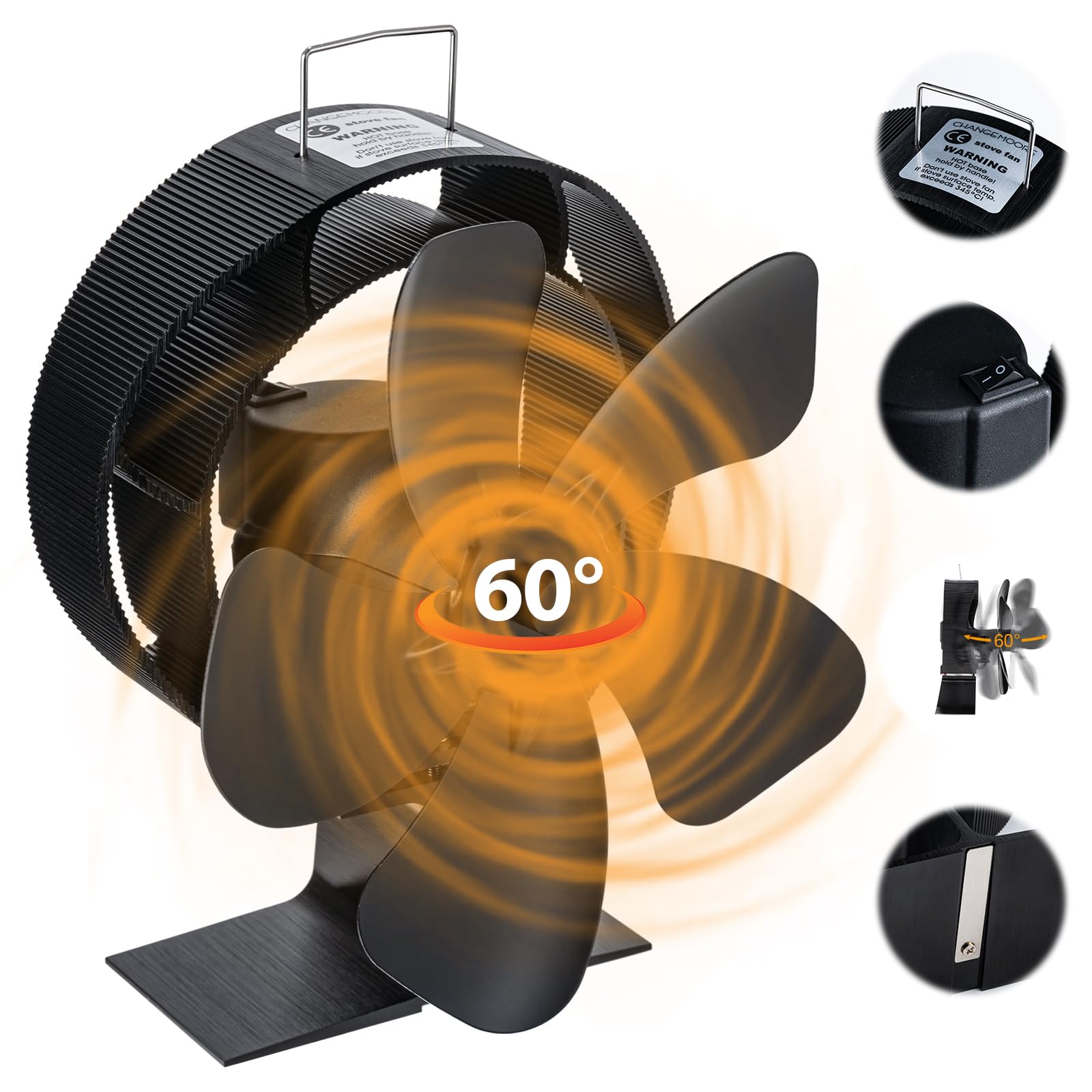 CHANGE MOORE Wood Stove Fan 60° Oscillating Large Size, 5 Blades Heat Powered Stove Fan, Silent Eco Stove Top Fans, Non Electric Fireplace Fan for Gas, Pellet, Wood Burning Stove