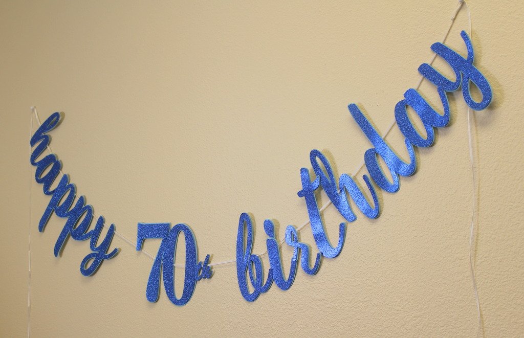 All About Details Happy 70th Birthday Cursive Banner (Blue)