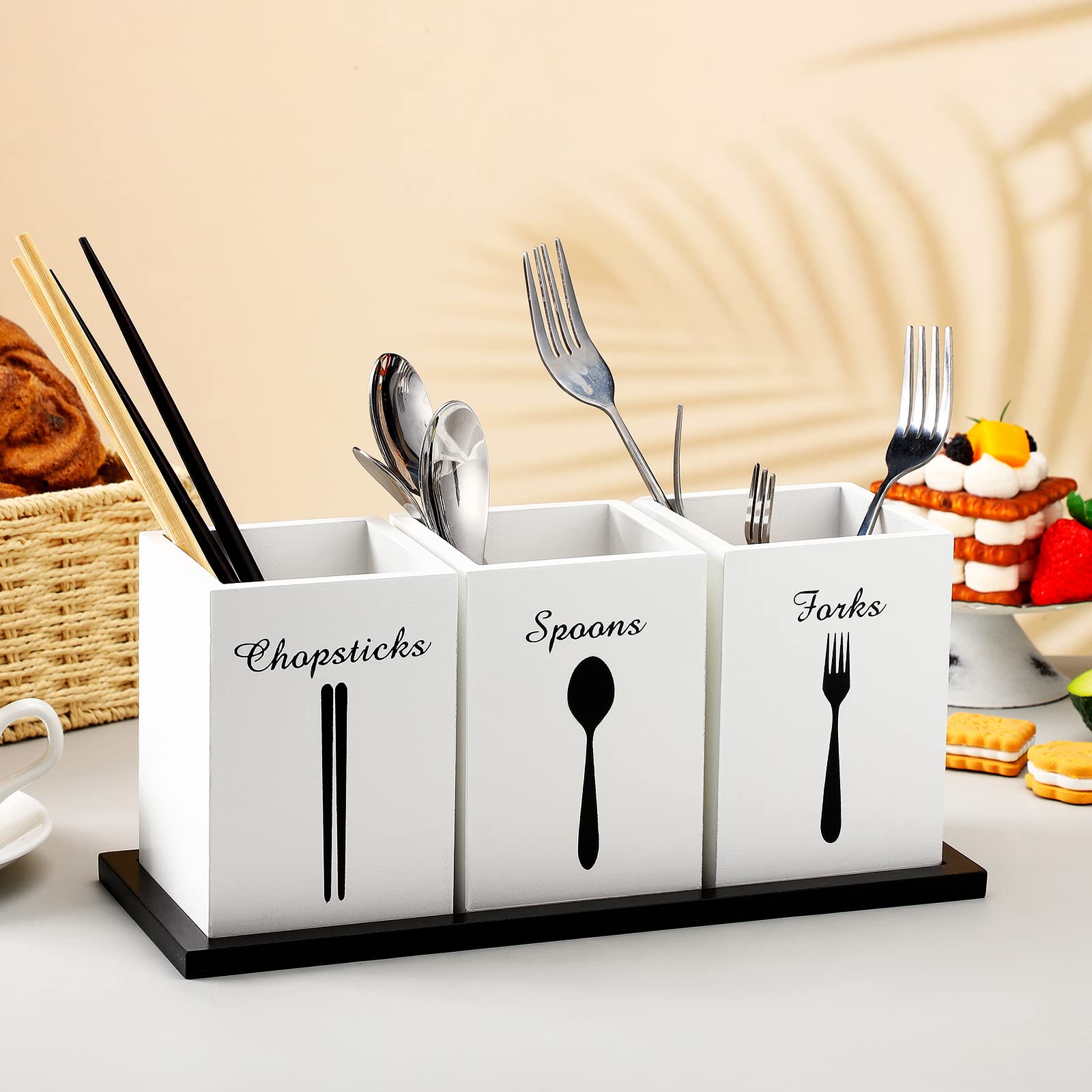 BBTO 4 Pcs Silverware Caddy with Wood Tray Wooden Organizer Cutlery Holder Countertop Utensil Flatware Organizers Chopsticks Spoon and Fork for Restaurant Kitchen Storage