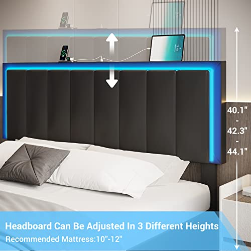 DICTAC Full LED Bed Frame with 4 Storage Drawers and Headboard Modern Full Size Upholstered Platform Bed Frame with Led Lights and USB Ports Faux Leather Full Storage Bed,No Box Spring Needed,Black