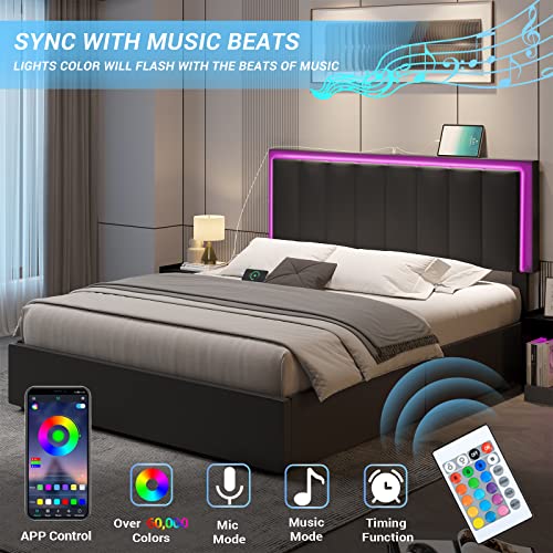 DICTAC Full LED Bed Frame with 4 Storage Drawers and Headboard Modern Full Size Upholstered Platform Bed Frame with Led Lights and USB Ports Faux Leather Full Storage Bed,No Box Spring Needed,Black