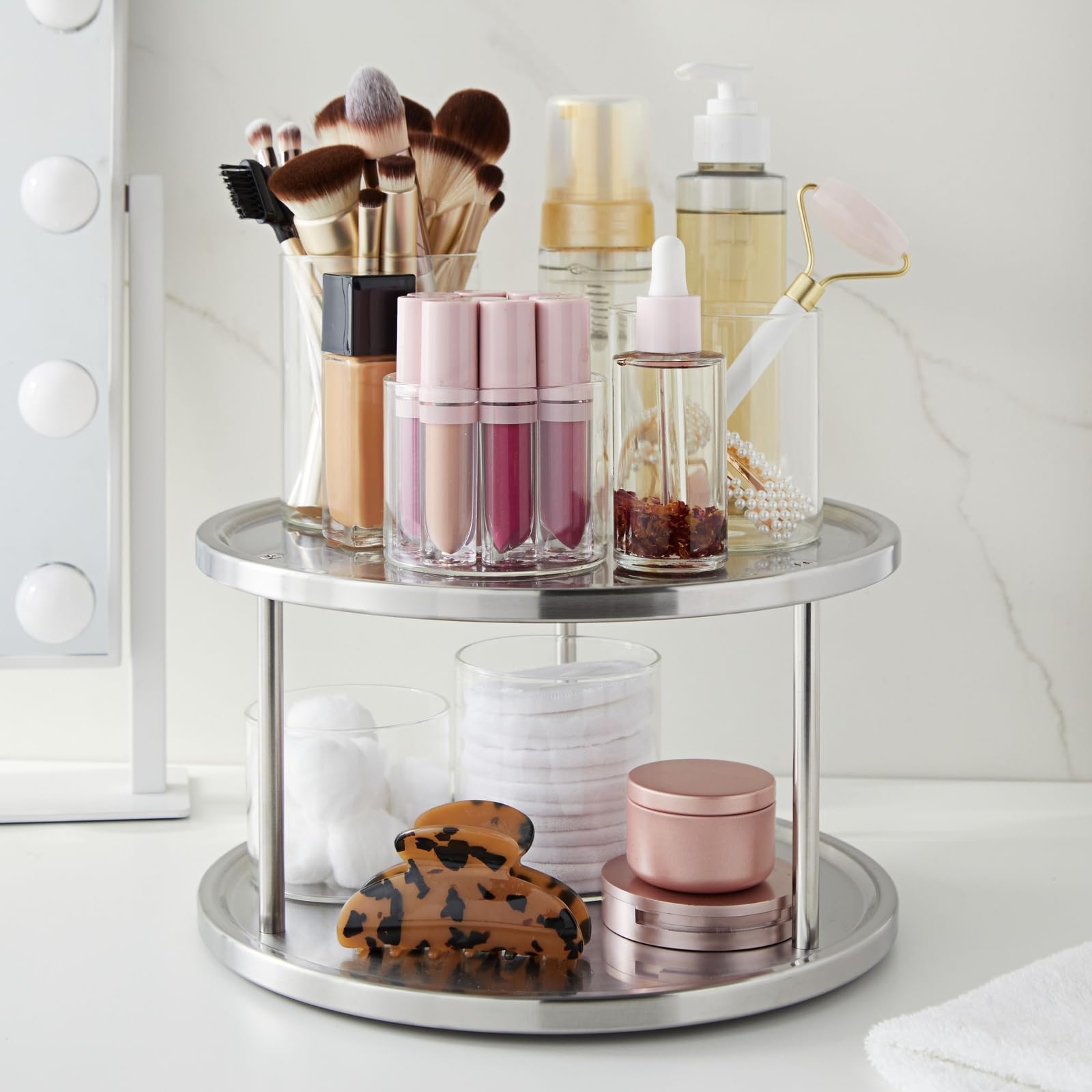Juvale 2 Tier Lazy Susan Turntable Organizer for Cabinet, Revolving Spice Rack Carousel for Kitchen Pantry Storage, Stainless Steel (10.5 in)