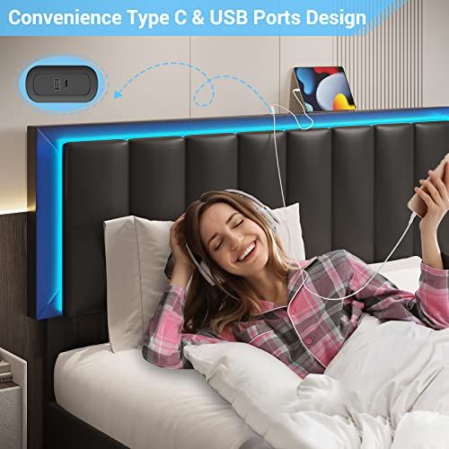 DICTAC Full LED Bed Frame with 4 Storage Drawers and Headboard Modern Full Size Upholstered Platform Bed Frame with Led Lights and USB Ports Faux Leather Full Storage Bed,No Box Spring Needed,Black