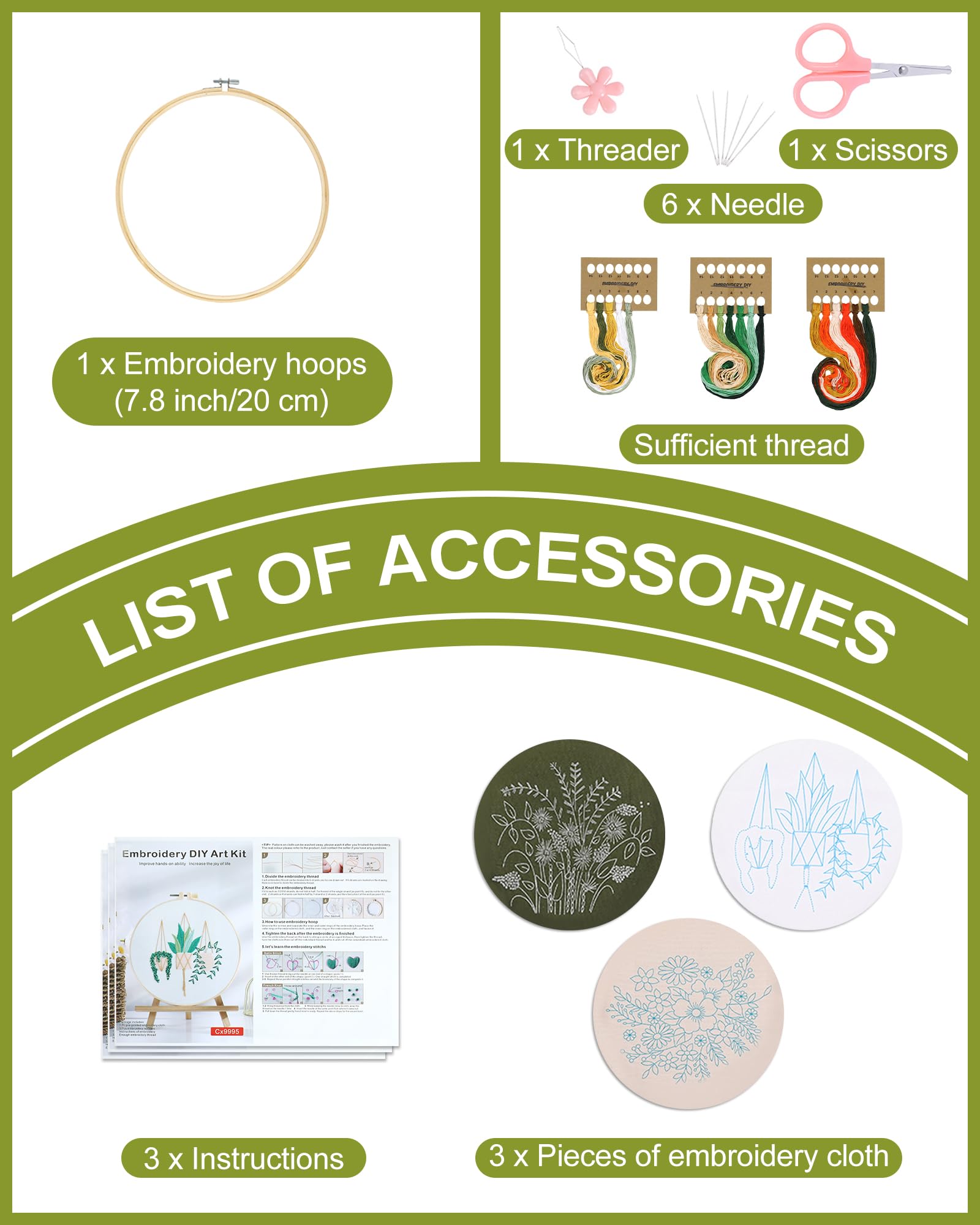 Santune 3 Sets Embroidery Starter Kit with Pattern and Instructions, Cross Stitch Set, Stamped Embroidery Kits with 3 Embroidery Clothes with Pattern, 1 Embroidery Hoops