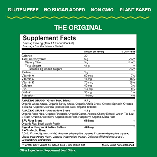 Amazing Grass Greens Blend Superfood: Super Greens Powder Smoothie Mix with Organic Spirulina, Chlorella, Beet Root Powder, Digestive Enzymes & Probiotics, Original, 30 Servings