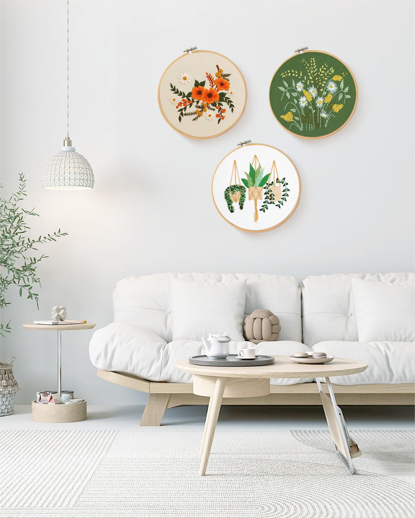 Santune 3 Sets Embroidery Starter Kit with Pattern and Instructions, Cross Stitch Set, Stamped Embroidery Kits with 3 Embroidery Clothes with Pattern, 1 Embroidery Hoops